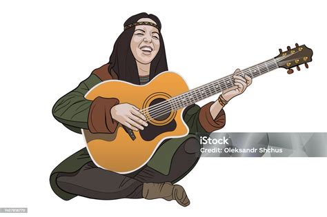 녹색 재킷 회색 바지 머리에 리본 팔찌 보블 손에 쪼그리고 앉아 기타를 연주하는 젊은 웃는 히피 소녀 벡터 일러스트레이션으로 흰색 배경에 격리합니다 기타 현악기에 대한 스톡