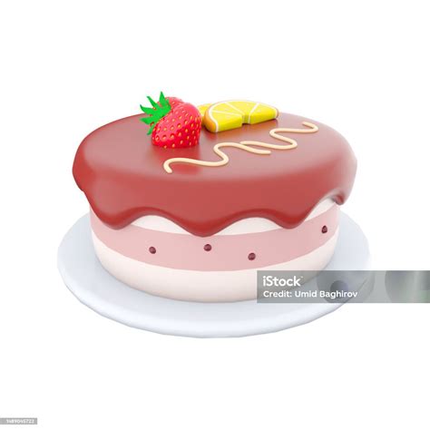 레몬과 딸기의 평화가 있는 3d 렌더링 케이크 3d 맨 위에 레몬과 딸기가 있는 초콜릿 아이싱이 있는 케이크를 렌더링합니다 레몬과 딸기의 평화를 얹은 케이크 3차원 형태에