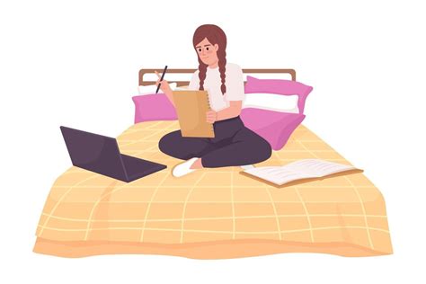 Happy Girl Doing Home Assignment With Laptop In Bed Semi Flat Color Happy Girl Doing Home Assignment With Laptop In Bed Semi Flat Color