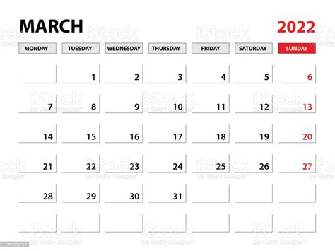 행진 2022 년 플래너 템플릿 달력 2022 템플릿 월간 및 연간 플래너 주최자 일기 주 시작 월요일 기업 플래너 템플릿 데스크 캘린더 2022 가로 레이아웃 벡터