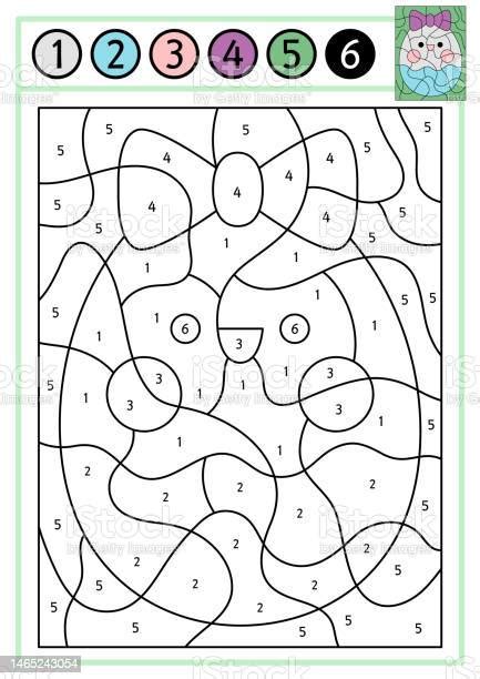벡터 부활절 색상 숫자 활동으로 귀여운 카와이 달걀과 활 봄 휴가 장면입니다 재미있는 전통 상징으로 흑백 계산 게임 아이들을위한 정원 색칠하기 가공의 인물에 대한 스톡 벡터