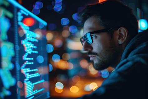 Male Developer Completely Absorbed In Coding On Laptop With City Lights Reflecting On Screen At