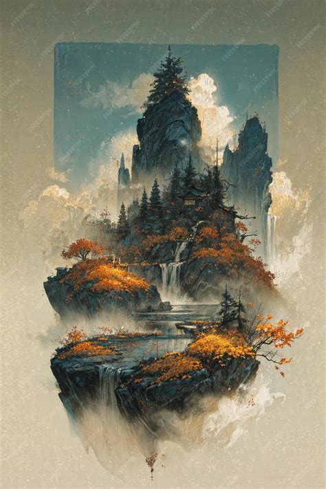 Premium Photo Fantasy Floating Island With Waterfalls Autumn Trees