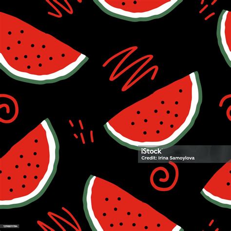 수박 슬라이스와 낙서 벡터 원활한 패턴 손으로 그린 벽지 포장지 직물 배경에 대한 그림 붉은 육즙 여름 과일 과일에 대한 스톡 벡터 아트 및 기타 이미지 Istock