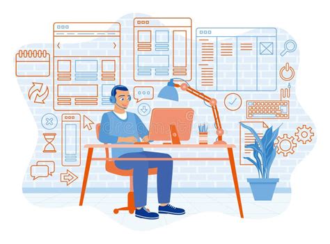 Man Using Headphones And Working In Front Of Computer Developing A Website On A Computer Stock