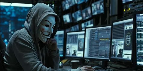 Anonymous Hacker In Hooded Sweatshirt Wearing Mask Working In Dark Room