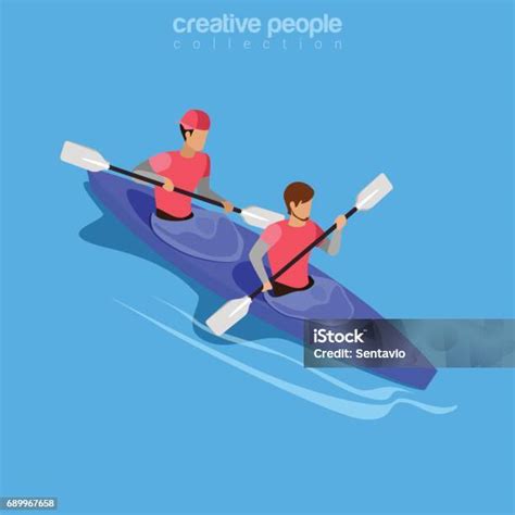 아이소메트릭 카약 래프팅 스포츠 개념입니다 평면 3 차원 아이소메트리 웹 사이트 개념 벡터 일러스트 레이 션 크리에이 티브 사람들이 컬렉션입니다 카약 노 젓는 배에 대한