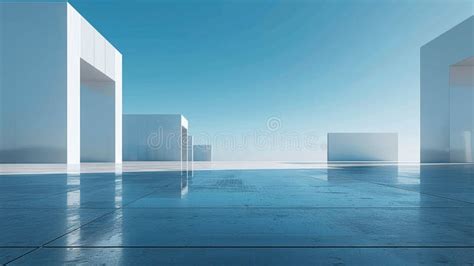 Minimalistic Futuristic Architecture With White Cube Buildings And Concrete Floor Stock