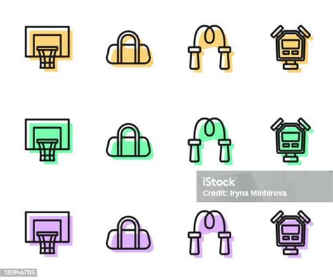 세트 라인 점프 로프 농구 백보드 스포츠 가방 과 스톱 워치 아이콘 벡터 건강한 생활방식에 대한 스톡 벡터 아트 및 기타 이미지 건강한 생활방식 검은색 경쟁 Istock