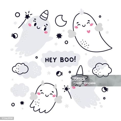 만화 유령 별 나뭇잎 달 뿔 마술 지팡이 플랫 스타일의 모자가 있는 해피 할로윈 귀여운 벡터 클립아트 아이들을 위한 만화 할로윈