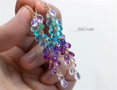 14k Gold Long Multi Stone Gemstone Drop Earrings For Women