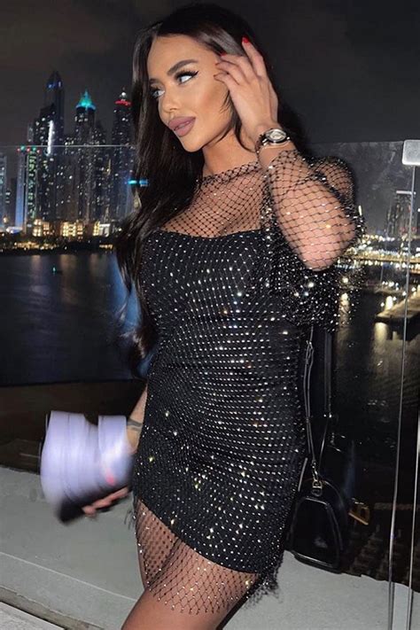 Sparkly Rhinestone Long Sleeve Fishnet Sheer Club Mini Dress Black
