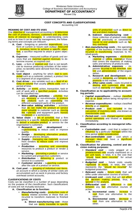 COST Concepts AND Classifications Mindanao State University College Of Business Administration