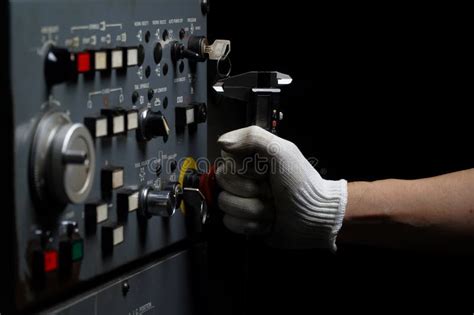 Emergency Push Button On Cnc Foreman Holding Digital Vernier Press Emergency Stop Button Of