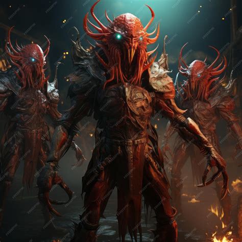 Premium Ai Image A Group Of Red Creatures With Horns And Spikes