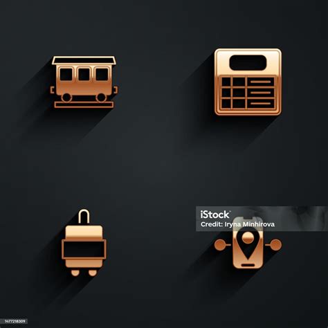 긴 그림자가있는 여객 열차 기차역 보드 여행 가방 및 경로 위치 아이콘을 설정합니다 벡터 가방에 대한 스톡 벡터 아트 및 기타 이미지 Istock