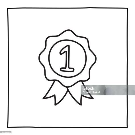 리본과 얇은 검은 색 선으로 그려진 숫자 1 아이콘 손으로 낙서 메달 배지 드로잉에 대한 스톡 벡터 아트 및 기타 이미지