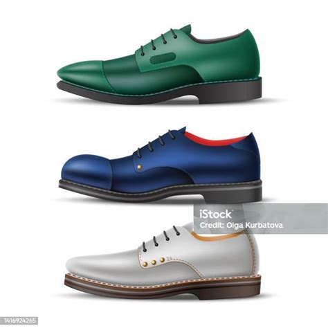 현실적인 클래식 남성 신발 유형 고립 된 남성 천연 가죽 신발 측면보기 다양한 모양과 색상 끈이있는 녹색 파란색과 회색 우아함 부츠 3d 요소 전체 벡터 세트 3차원 형태에