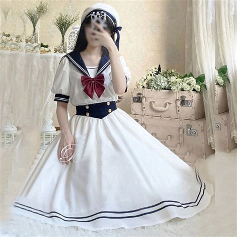 Hikigawa Preppy 여성 드레스 시크한 세일러 칼라 퍼프 슬리브 로리타 로브 귀여운 여성 드레스 여름드레스