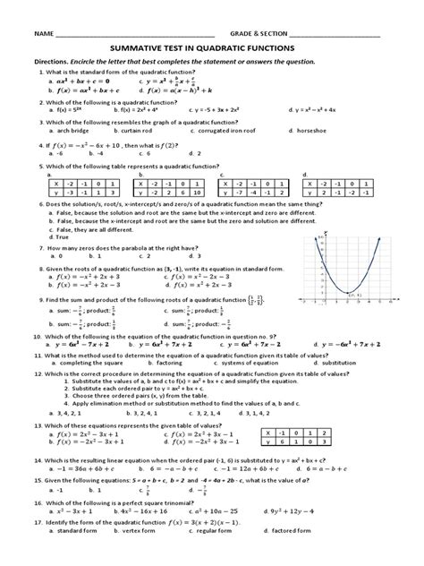 summative test in quadratic functions pdf quadratic equation