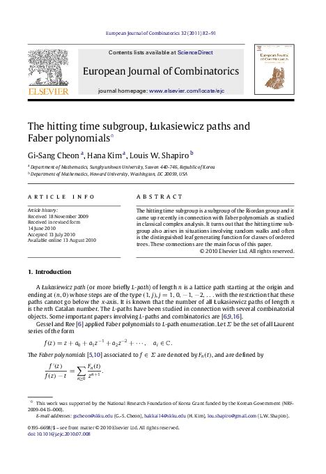 Pdf The Hitting Time Subgroup Łukasiewicz Paths And Faber Polynomials