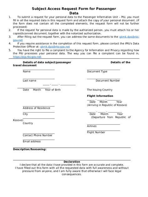 Subject Access Request For Passenger Data Doc Template Pdffiller