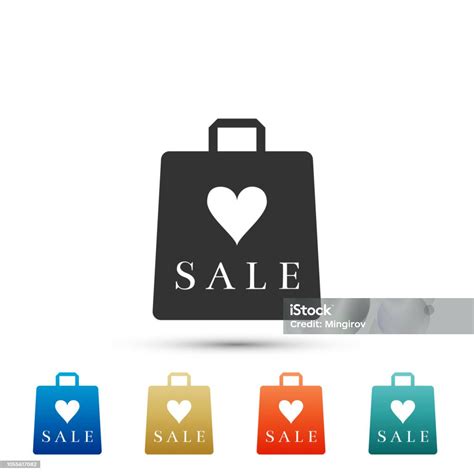 흰색 배경에 고립 된 비문 판매 아이콘 심장 기호 같은 쇼핑 가방이 게 사랑 컬러 아이콘에 요소를 설정 합니다 평면 디자인입니다 벡터 일러스트 레이 션 가방에 대한 스톡