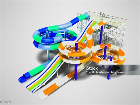 현대 물 세 사람과 두 롤러 코스터 노란색 워터 파크 한 큰 슬라이드에 대 한 슬라이드와 그림자와 회색 배경에 파란색 3d 렌더링 3차원 형태에 대한 스톡 사진 및 기타