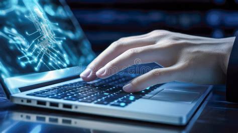 robot hand typing on laptop keyboard on dark blue background stock