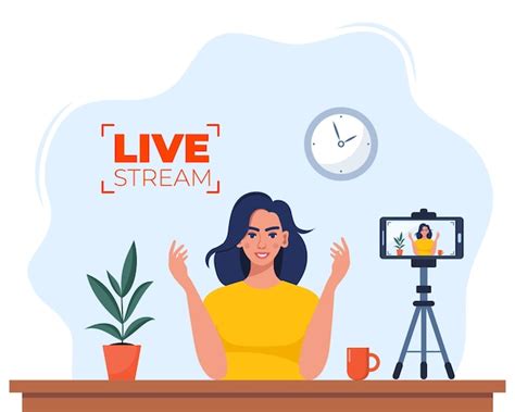 Premium Vector Blogger Communicates In Live Stream With Followers Woman Records Video Content