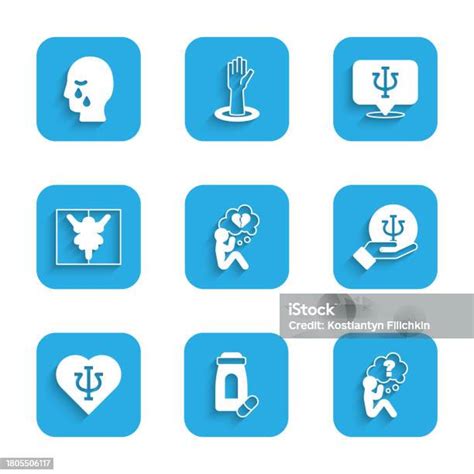 깨진 마음 또는 이혼 진정제 물음표가 있는 머리 심리학 Psi 로르샤흐 테스트 남자 무덤 장례식 슬픔 아이콘을 설정합니다 벡터 Mental Wellbeing에 대한 스톡