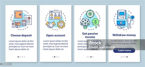 선형 개념으로 모바일 앱 페이지 화면 온보딩 은행 입금 작업 은행 서비스 네 가지 연습 단계 그래픽 지침입니다 Ux Ui 그림이 있는 Gui 벡터 템플릿 열다에 대한 스톡