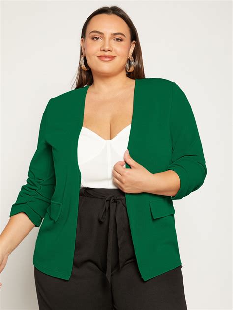 Mais Blazers Sólido Manga Pregueada Plus Size Outfits Outfits