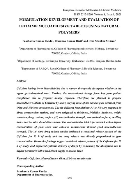 Pdf Formulation Development And Evaluation Of Cefixime Mucoadhesive Tablets Using Natural Polymers