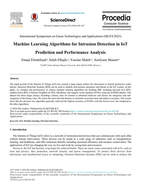 Pdf Machine Learning Algorithms For Intrusion Detection In Iot Prediction And Performance Analysis