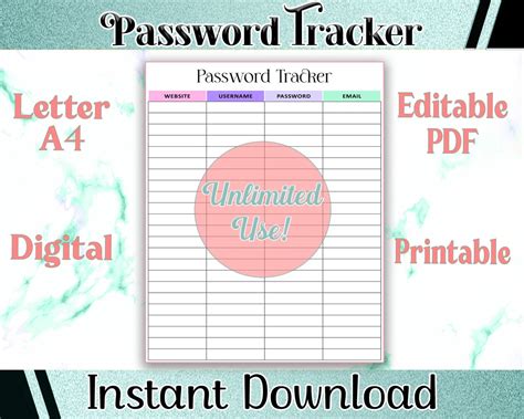 Editable Password Tracker Password Form Printable Form Track Passwords Etsy