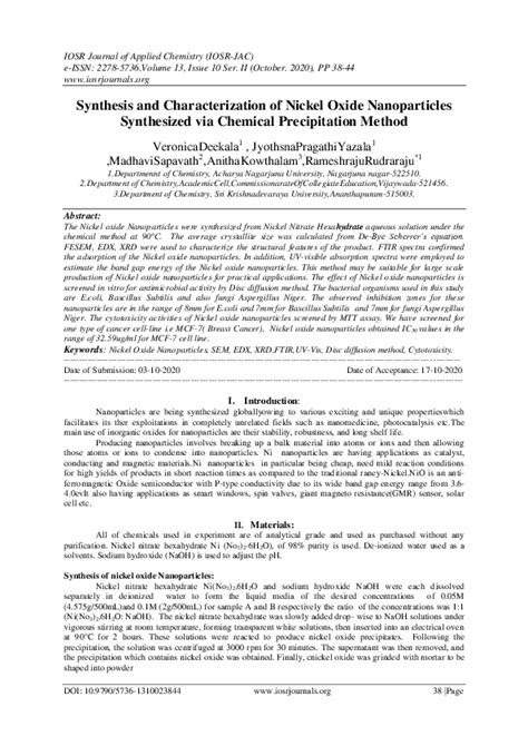 Pdf Synthesis And Characterization Of Nickel Oxide Nanoparticles