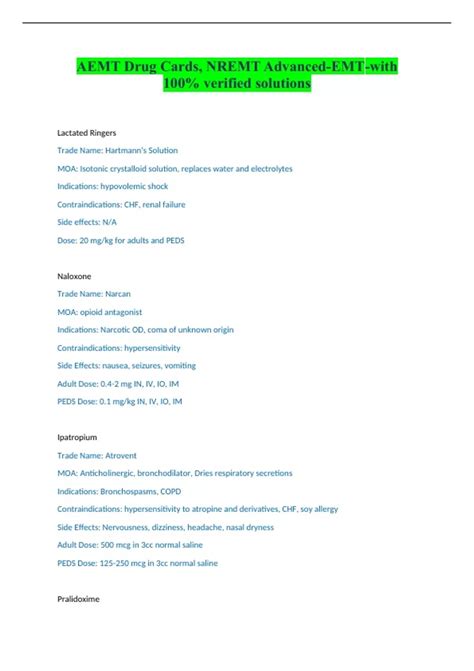 AEMT Drug Cards NREMT Advanced EMT With 100 Verified Solutions AEMT Drug Cards NREMT