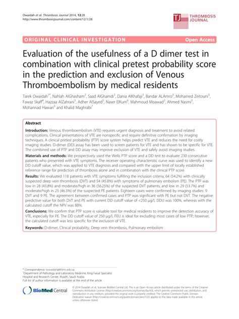 Pdf Evaluation Of The Usefulness Of A D Dimer Test In Combination