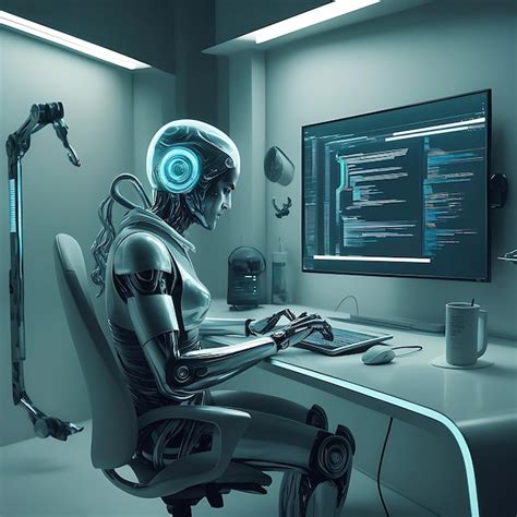Premium Photo Artificial Intelligence Cyborg Using Computer And
