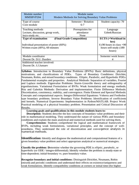 Modernmethodsforsolvingboundaryvalueproblemssillabus Pdf Partial Differential