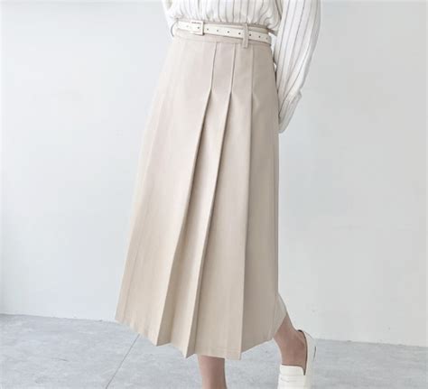 Je 여성 주름 롱 스커트 핀턱 플리츠 치마 플레어 베이직 벨트 심플 매력 깔끔 오피스 여리여리 스타일 데일리 러블리 캐주얼 패션