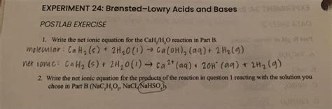 solved experiment 24 brønsted lowry acids and bases postlab