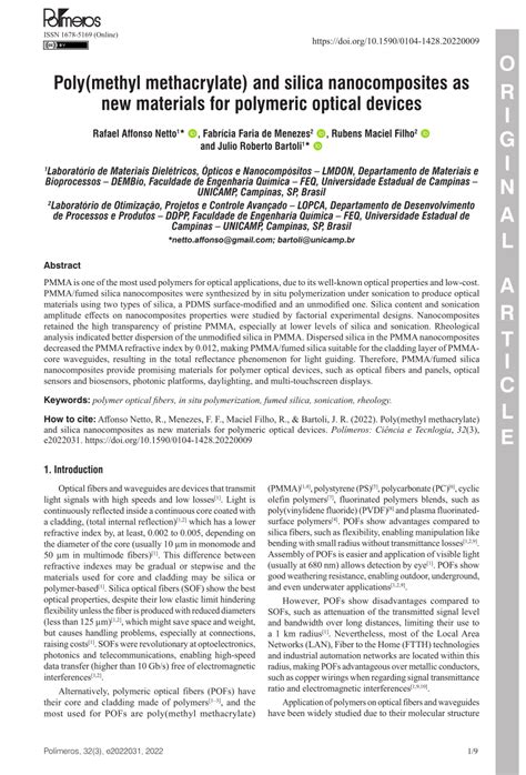 Pdf Polymethyl Methacrylate And Silica Nanocomposites As New Materials For Polymeric Optical