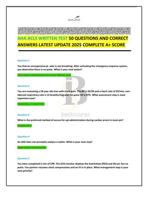 Aha Acls Written Test 50 Questions And Correct Answers Latest Update