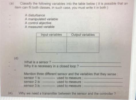 Solved A Classify The Following Variables Into The Table