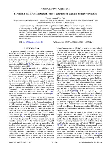 Pdf Hermitian Non Markovian Stochastic Master Equations For Quantum Dissipative Dynamics