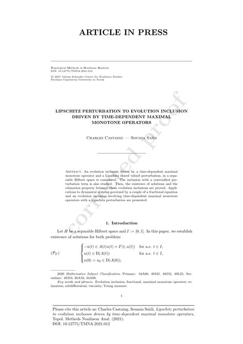 Pdf Lipschitz Perturbation To Evolution Inclusion Driven By Time Dependent Maximal Monotone