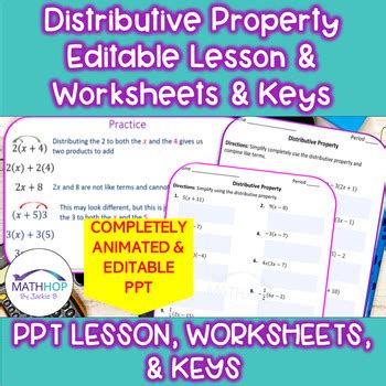Distributive Property Complete Editable PPT Lesson Worksheets Keys