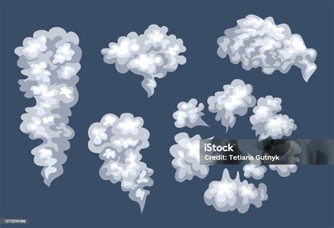 연기 세트 먼지 구름이 고립되어 있습니다 폭발 벡터 만화 평면 일러스트레이션 연기 물리적 구조에 대한 스톡 벡터 아트 및 기타 이미지 연기 물리적 구조 매연 벡터